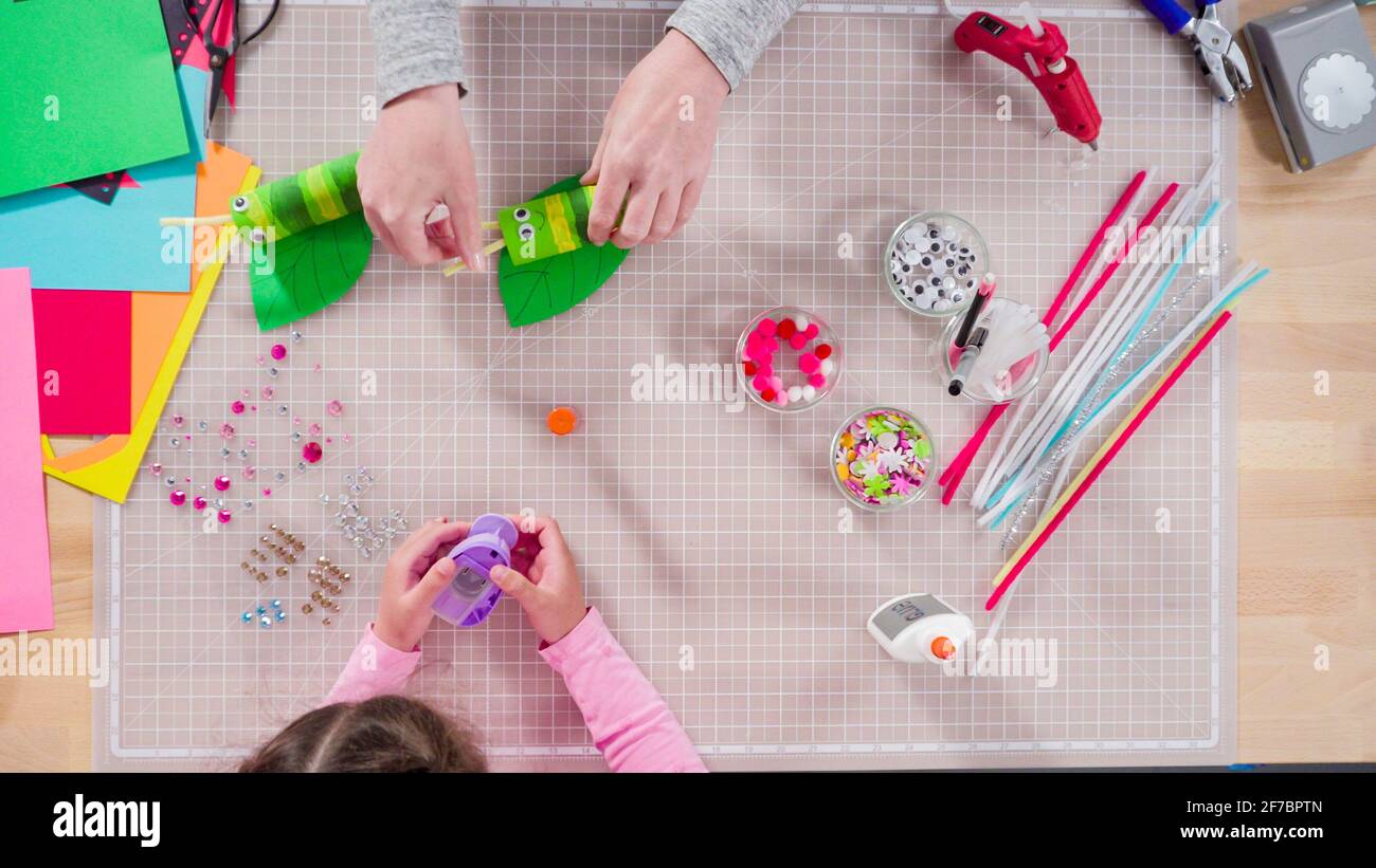 Flat lay. Kids papercraft. Making paper bugs out of the empty toilet ...
