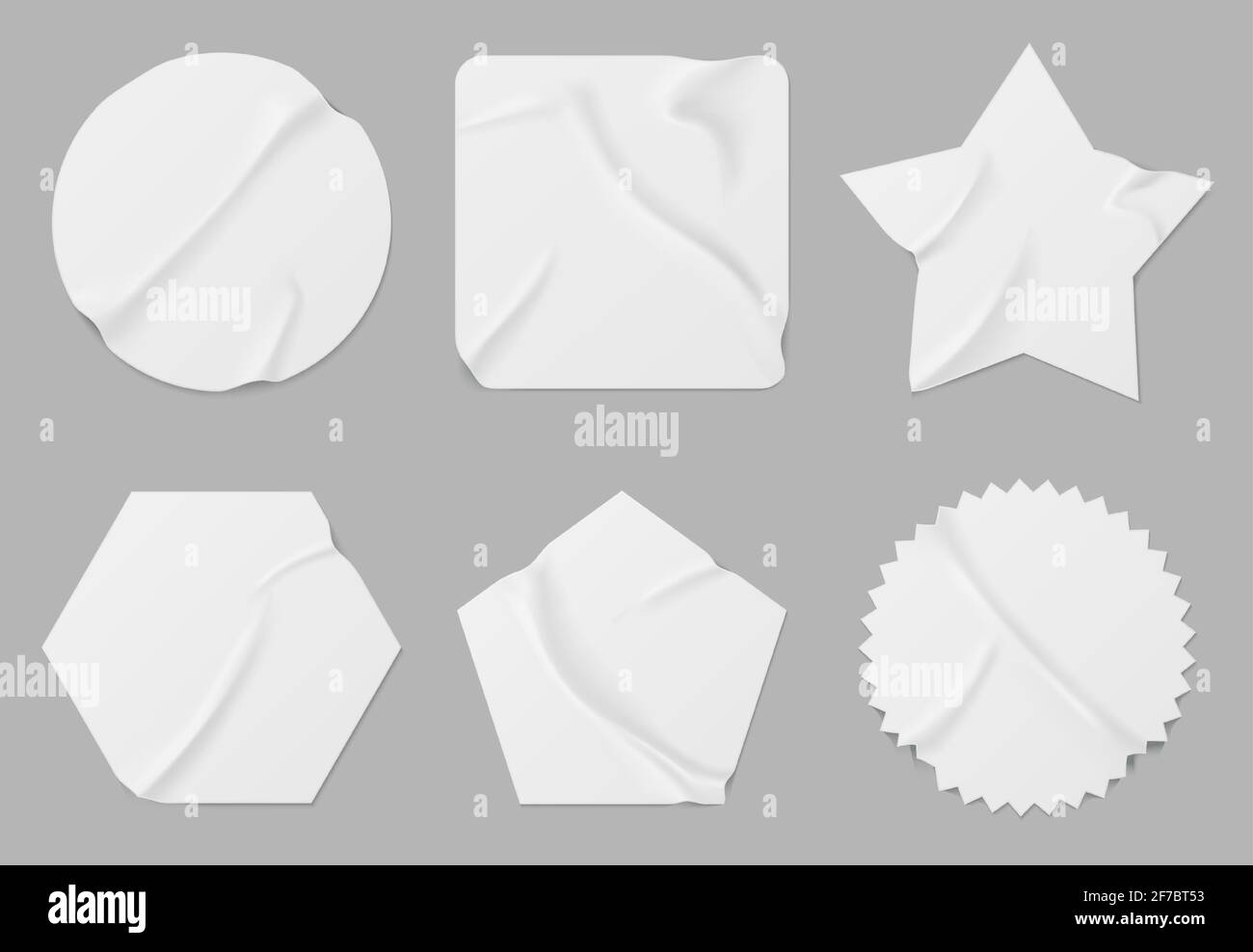 White stickers or patches mockup. Blank shrunken labels of different ...