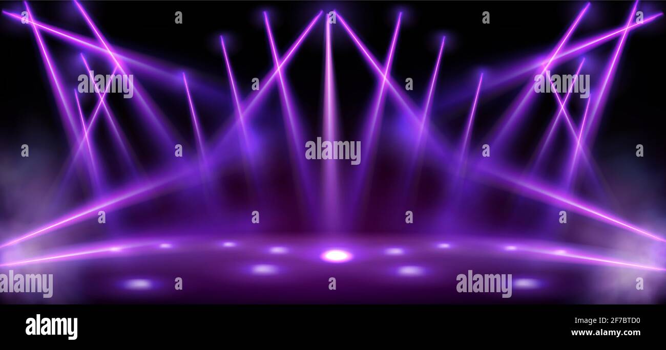 Stage lights, spotlight beams with smoke, glowing studio or theater ...