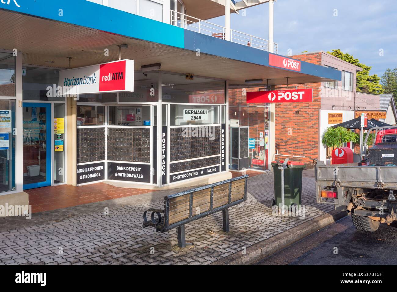 Early morning outside the Bermagui Post Office and a branch of Horizon ...