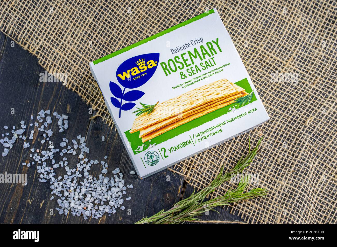 Russia, Kazan, 06 April 2021: Wasa delicious crisps with rosemary and ...