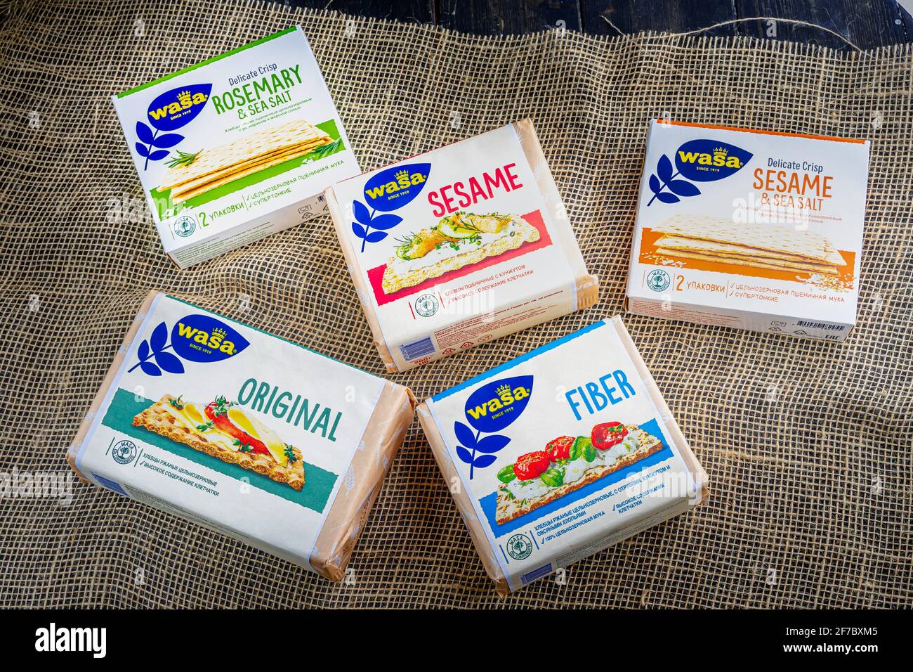 Russia, Kazan, 06 April 2021: Wasa delicious crisps. Different kinds of ...