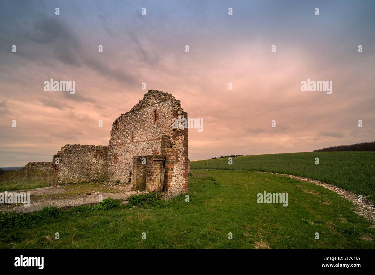 Old ruin of a flint and brick barn in the Sussex Countryside Stock ...
