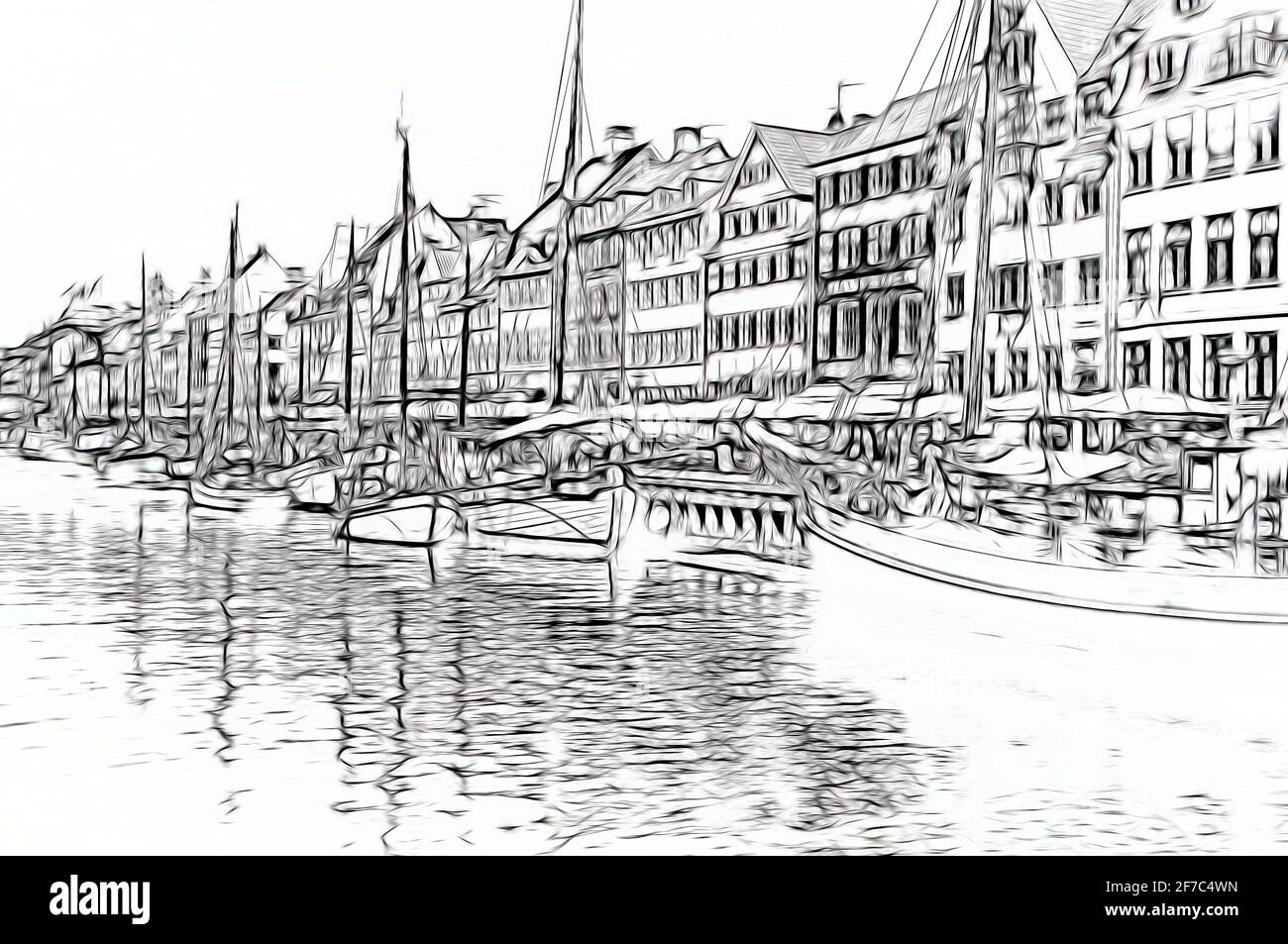 Copenhagen, Denmark - black and white illustration with Nyhavn harbour ...