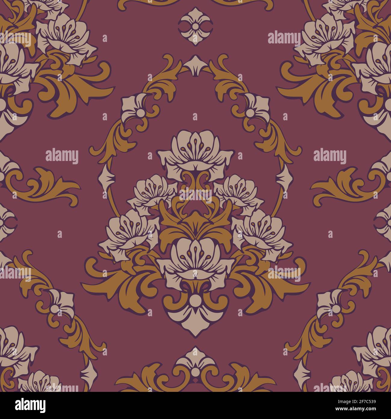 Seamless vector pattern with damask flower on purple background. Rococo ...