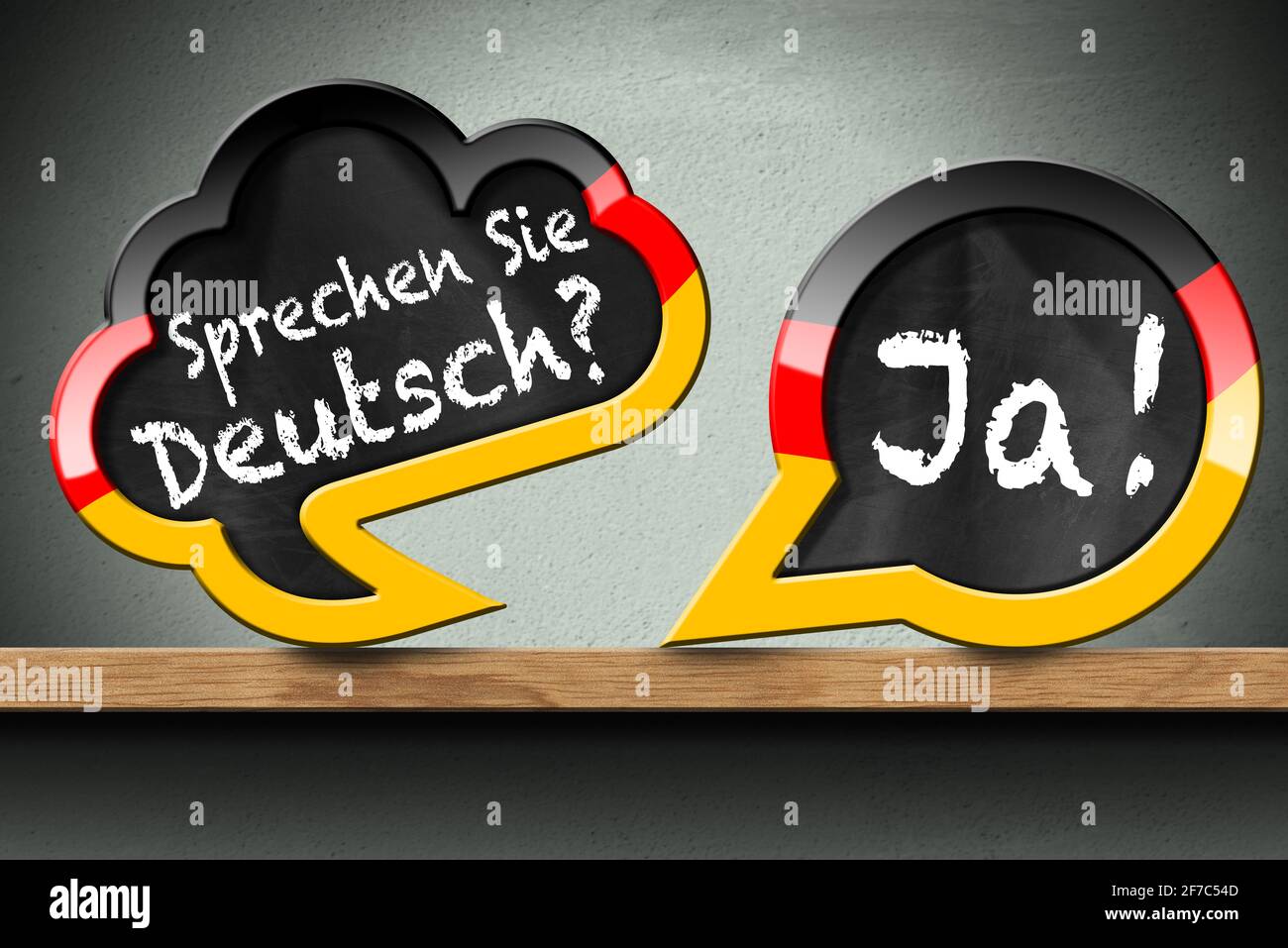 3D illustration of two speech bubbles with German flag and question ...