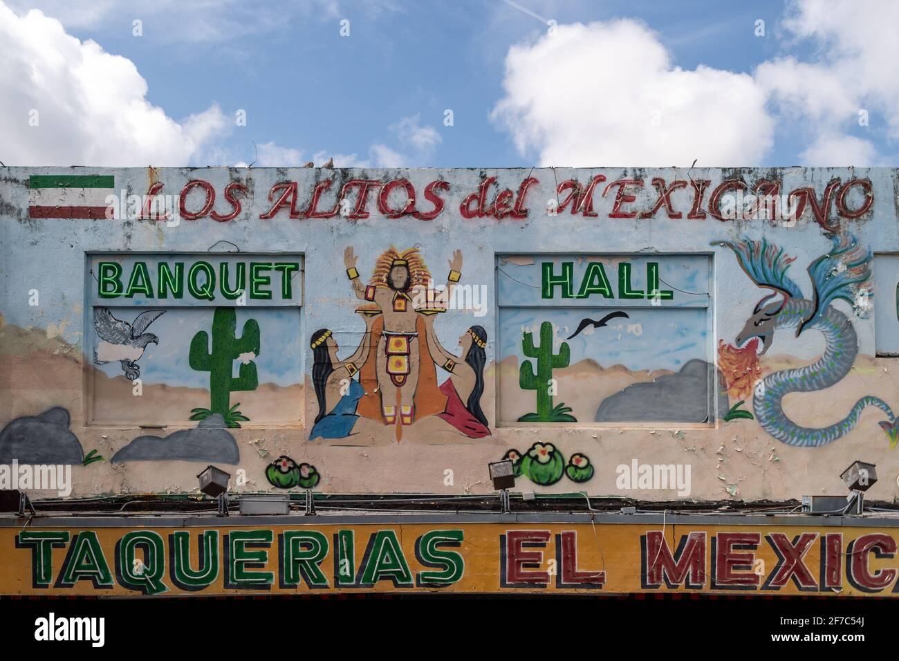 Colorful mural for Los Altos del Mexicano Banquet Hall featuring Aztec ...