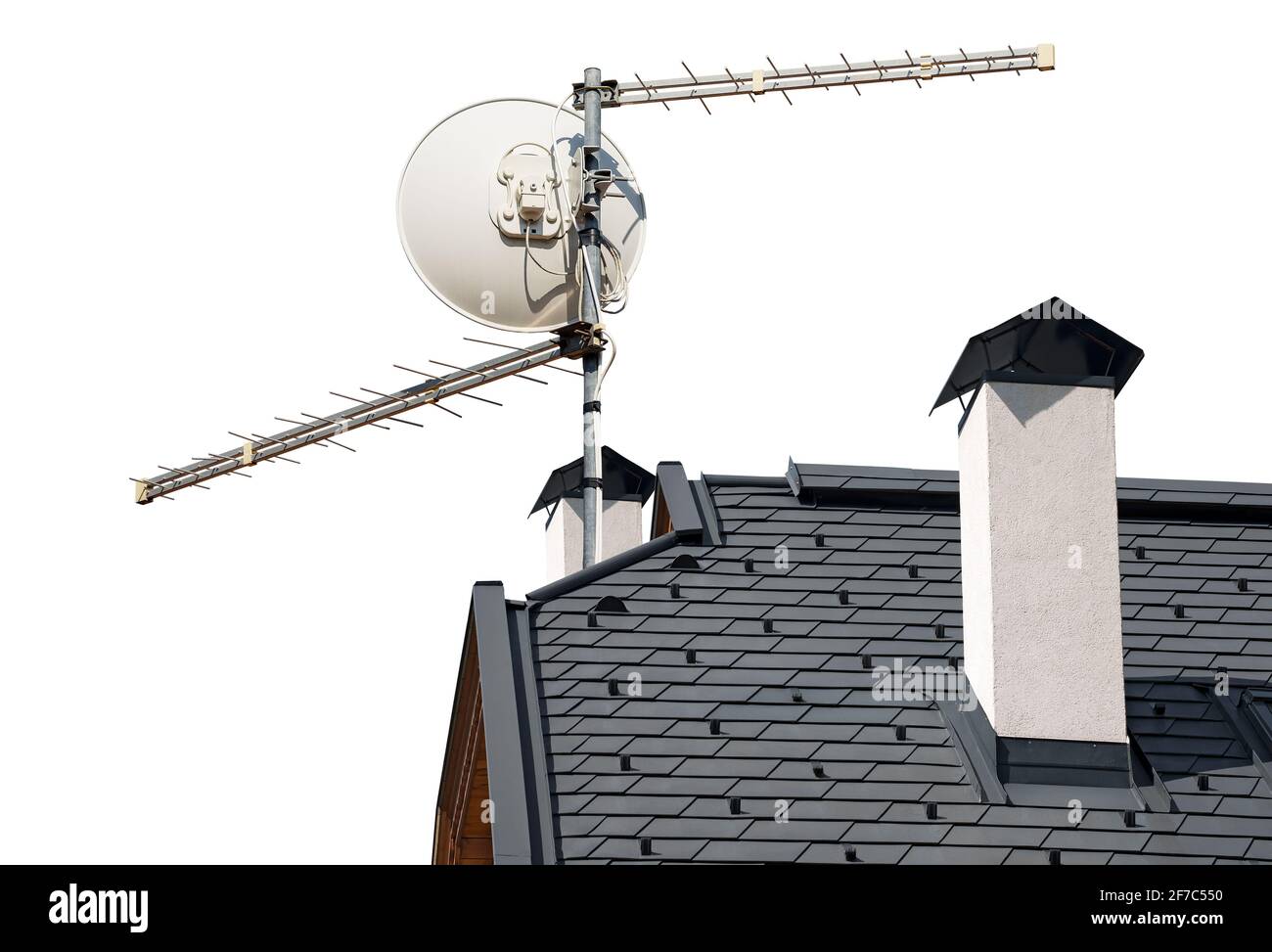 Television Aerial and Satellite Dish on the roof of a house. Isolated ...