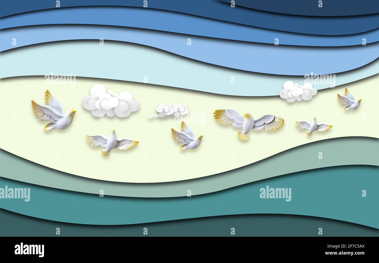 3d illustration, abstract blue and green waves, white doves and clouds ...
