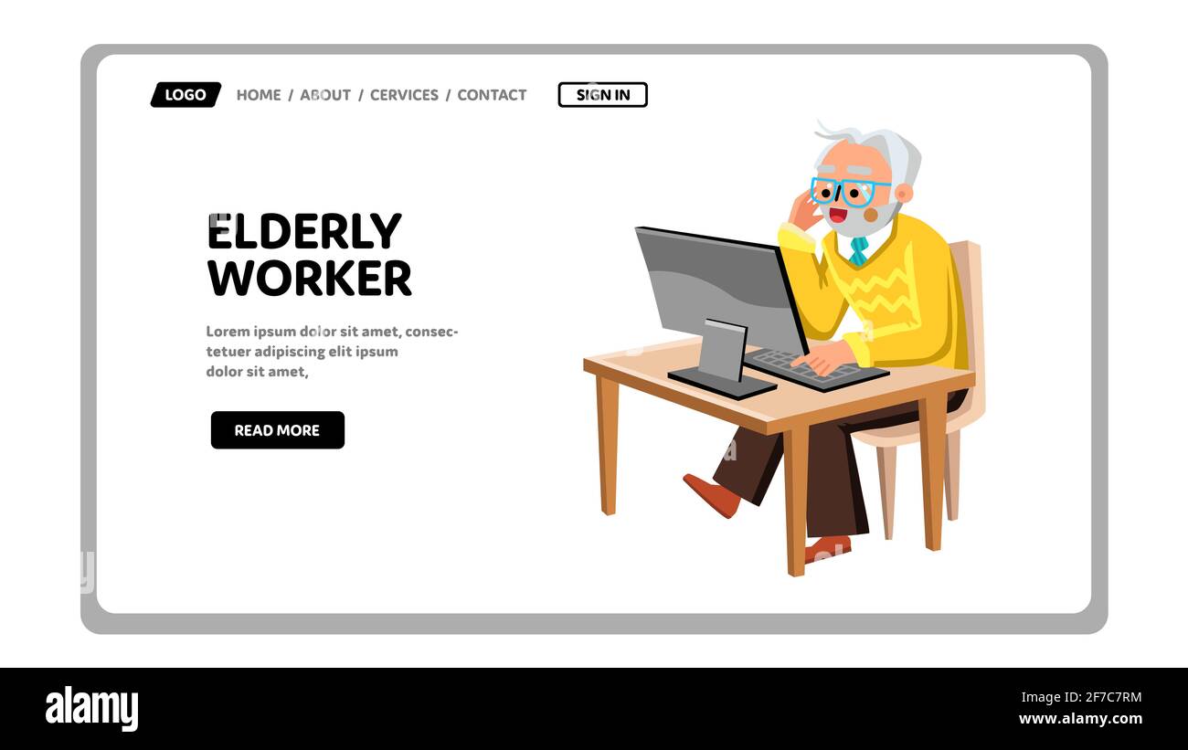 Elderly Worker Working At Computer Screen Vector Stock Vector Image ...