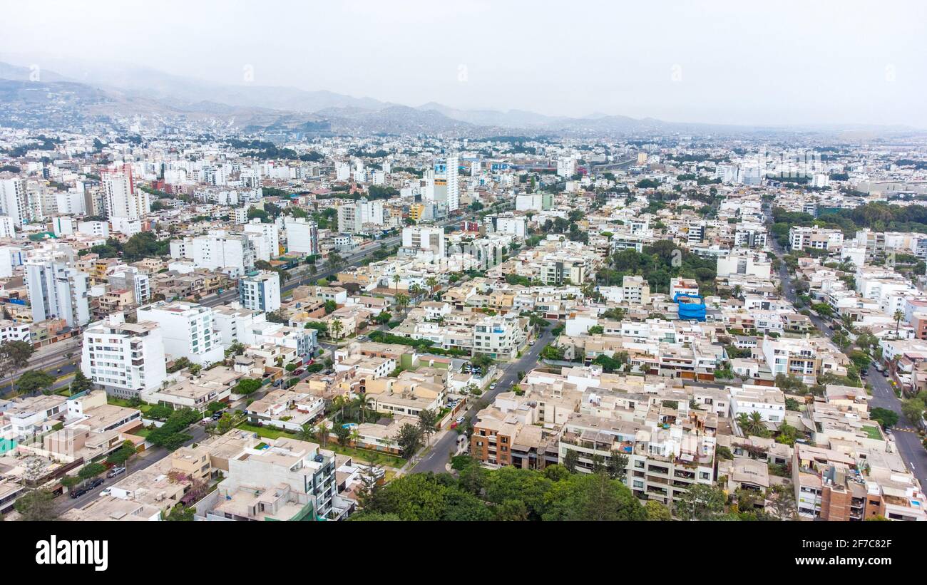 Aerial view of the municipality of Miraflores in the city of Lima, Peru ...