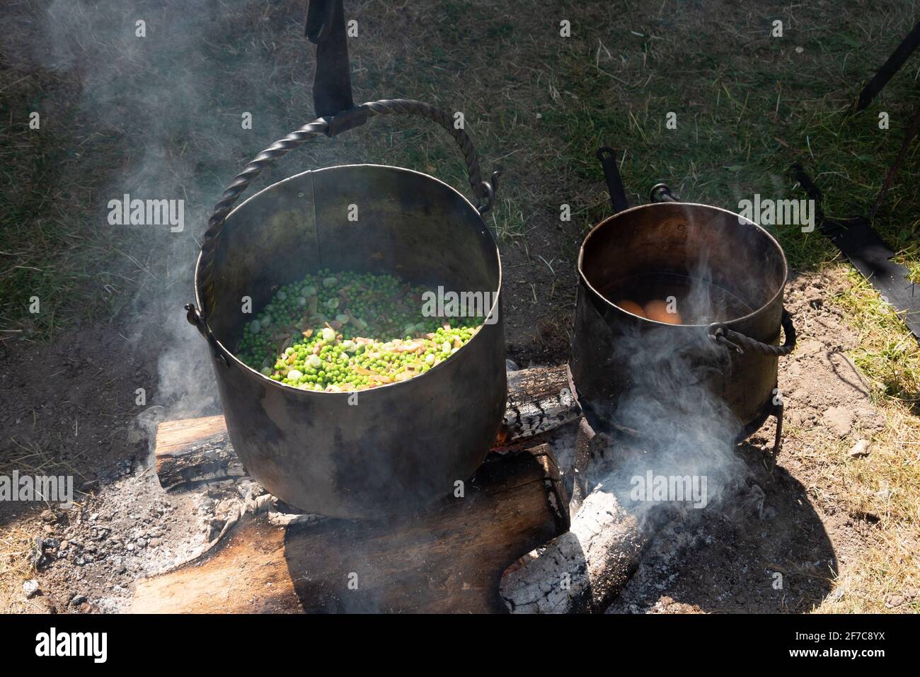 Medieval meal (peasant green pea stew, eggs) is prepared in cauldron on ...