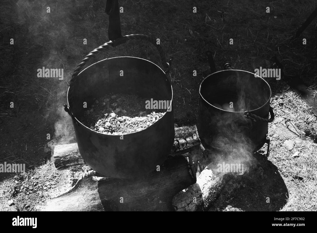 Medieval meal (peasant pea stew, eggs) is prepared in cauldron on open ...