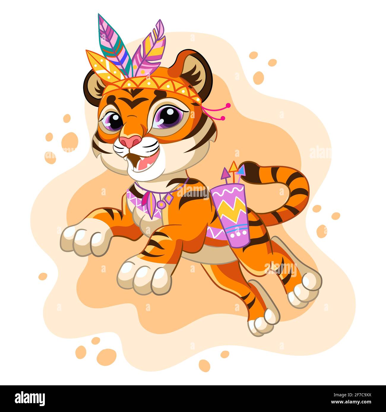 Cute cartoon little tribal tiger with feathers. Cartoon character ...