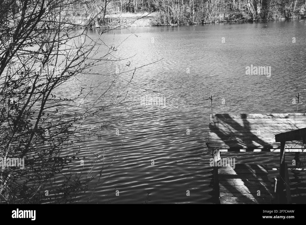 Wooden gangway for fishing in river. Ile-de-France, France. Countryside ...