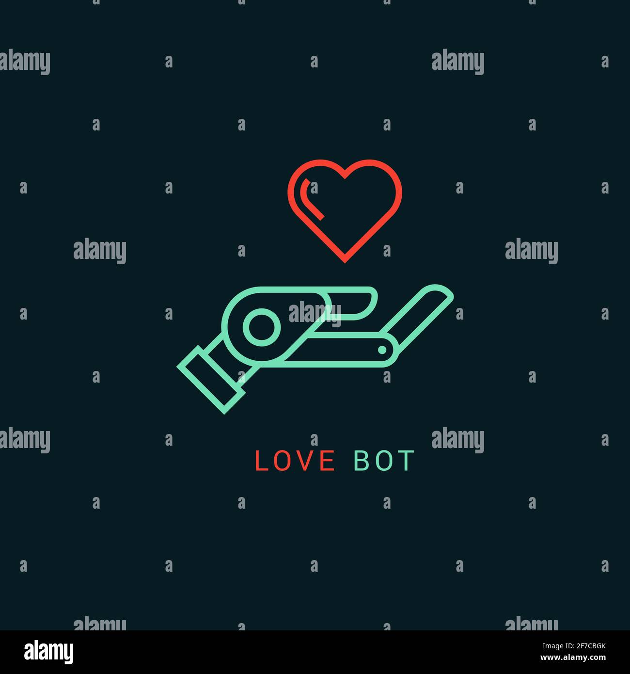 Love bot. Linear icon is the robots hand with a heart in two colors ...