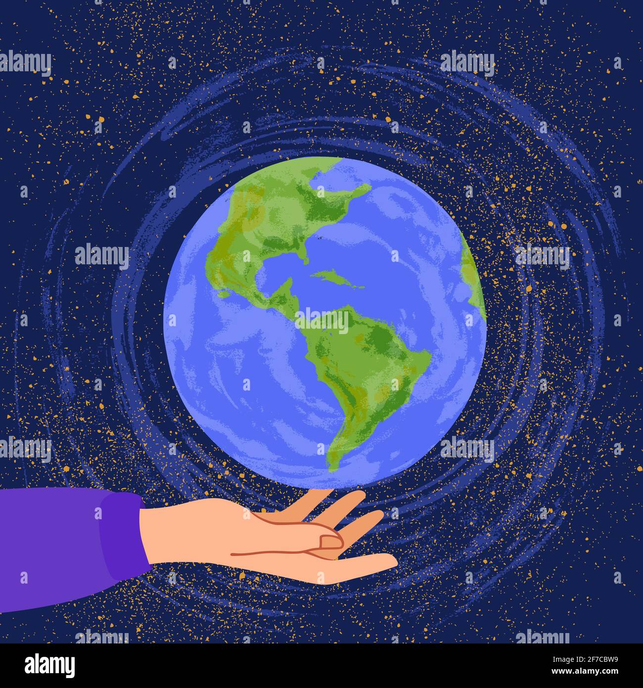 A planet in space with a hand holding it. Design a poster or leaflet ...