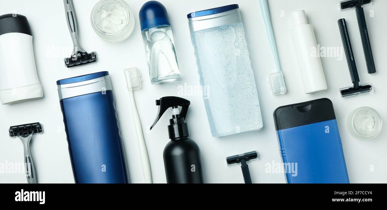 Concept of men's hygiene tools on white background Stock Photo - Alamy