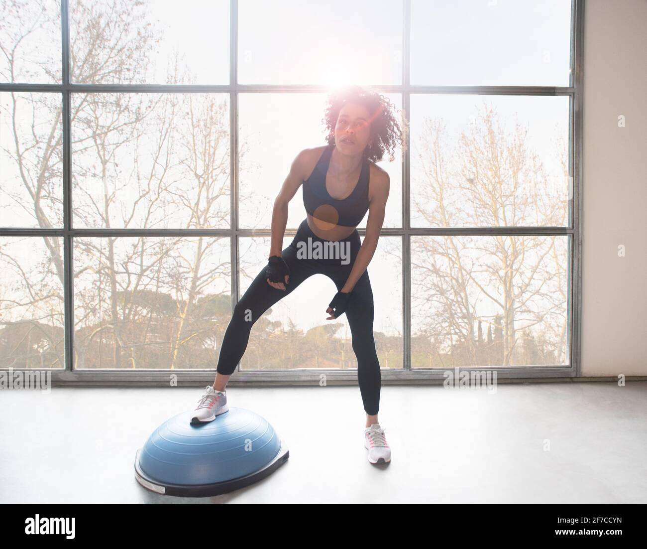 young and Beautiful woman doing workout jumping on a ball with trees ...