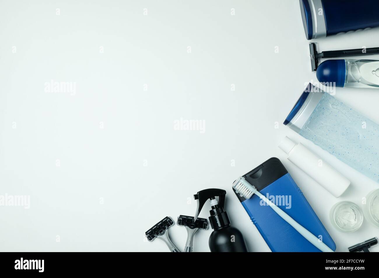 Concept of men's hygiene tools on white background Stock Photo - Alamy
