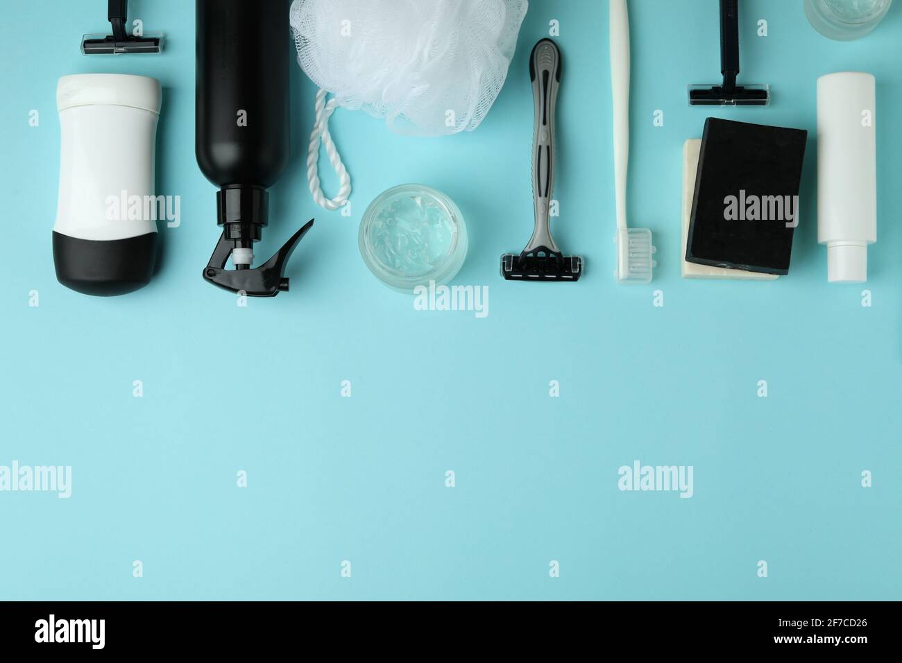 Concept of men's hygiene tools on blue table Stock Photo - Alamy