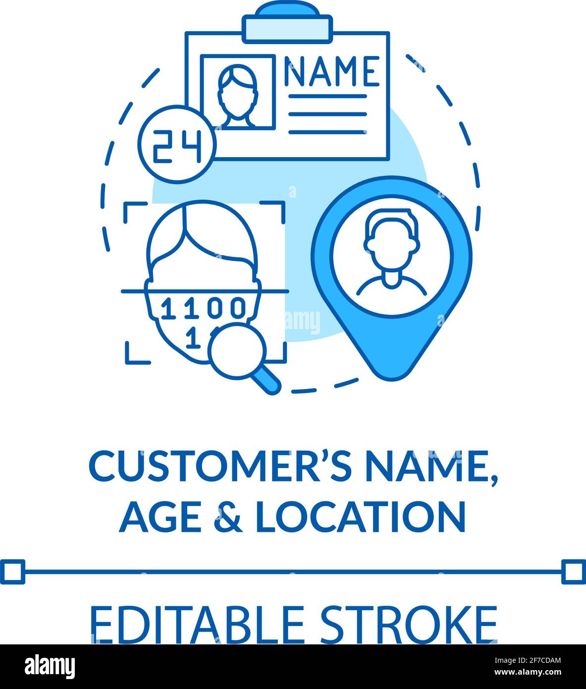 Customer age, name and location blue concept icon Stock Vector Image ...