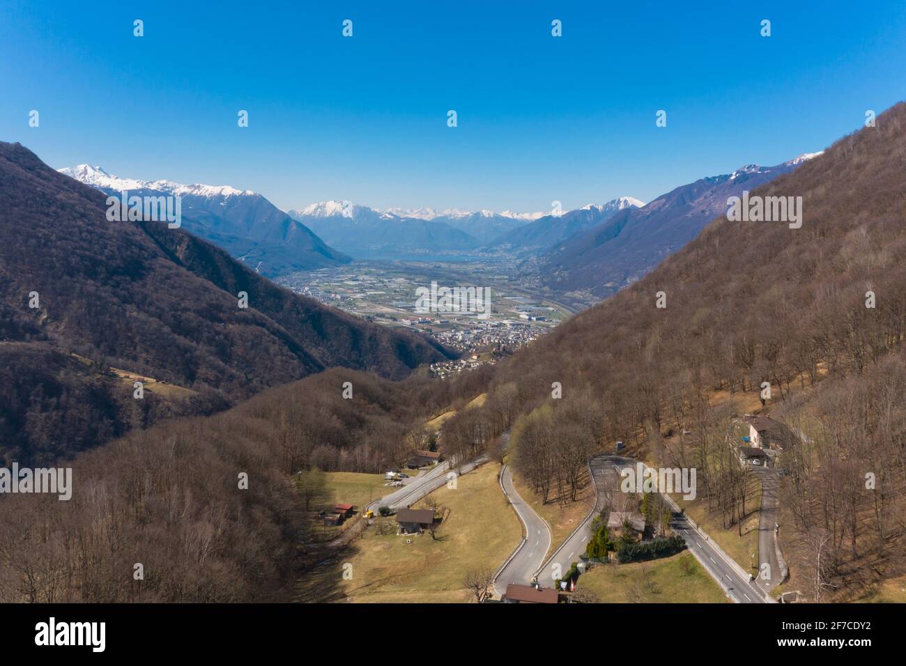 Aerial view of the Morobbia Valley, winter landscape on a sunny day ...