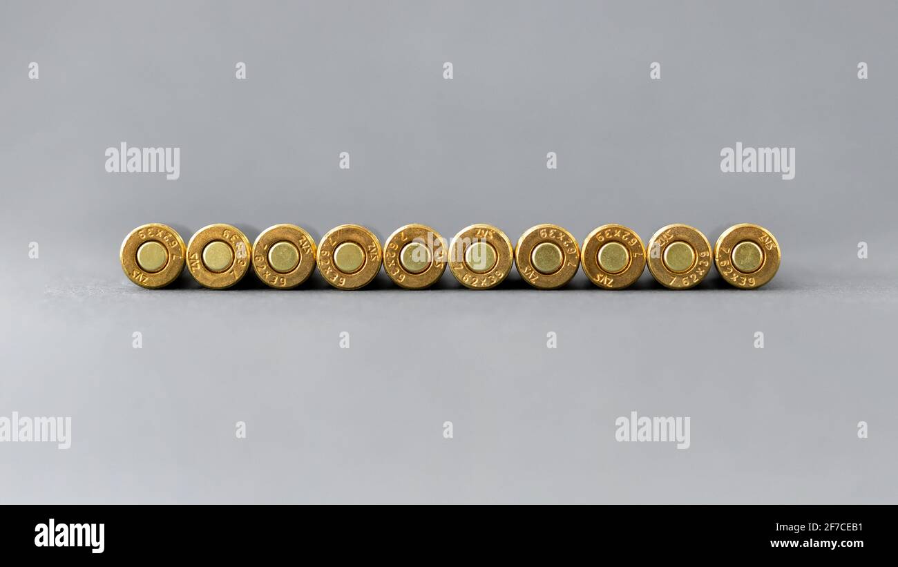 Bullets bottom on gray background. Cartridges 7.62 caliber for ...