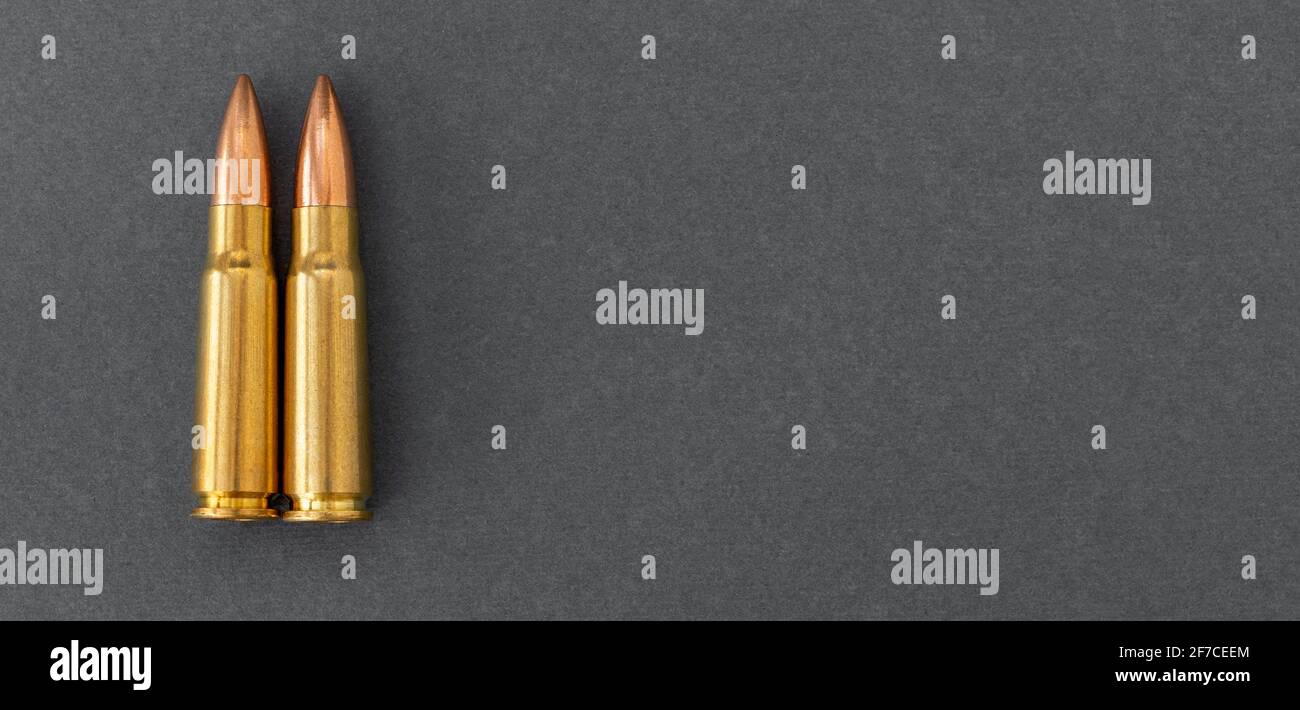 Two bullets on gray paper background. Cartridges 7.62 caliber for ...
