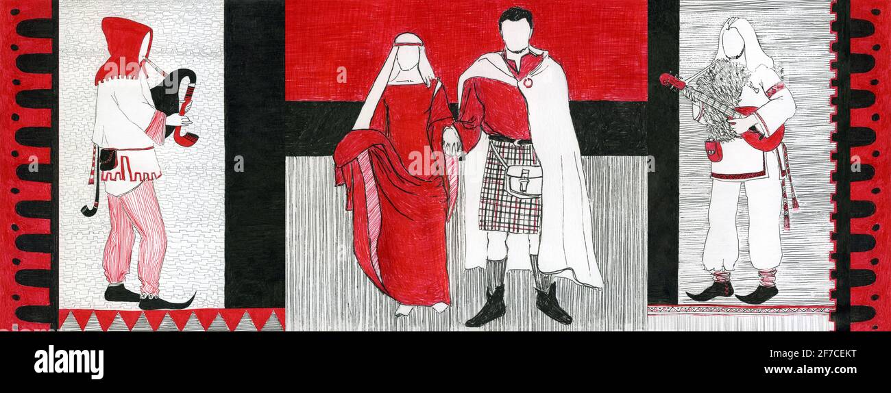 Medieval music hand drawn illustration. Historical dressed musicians ...