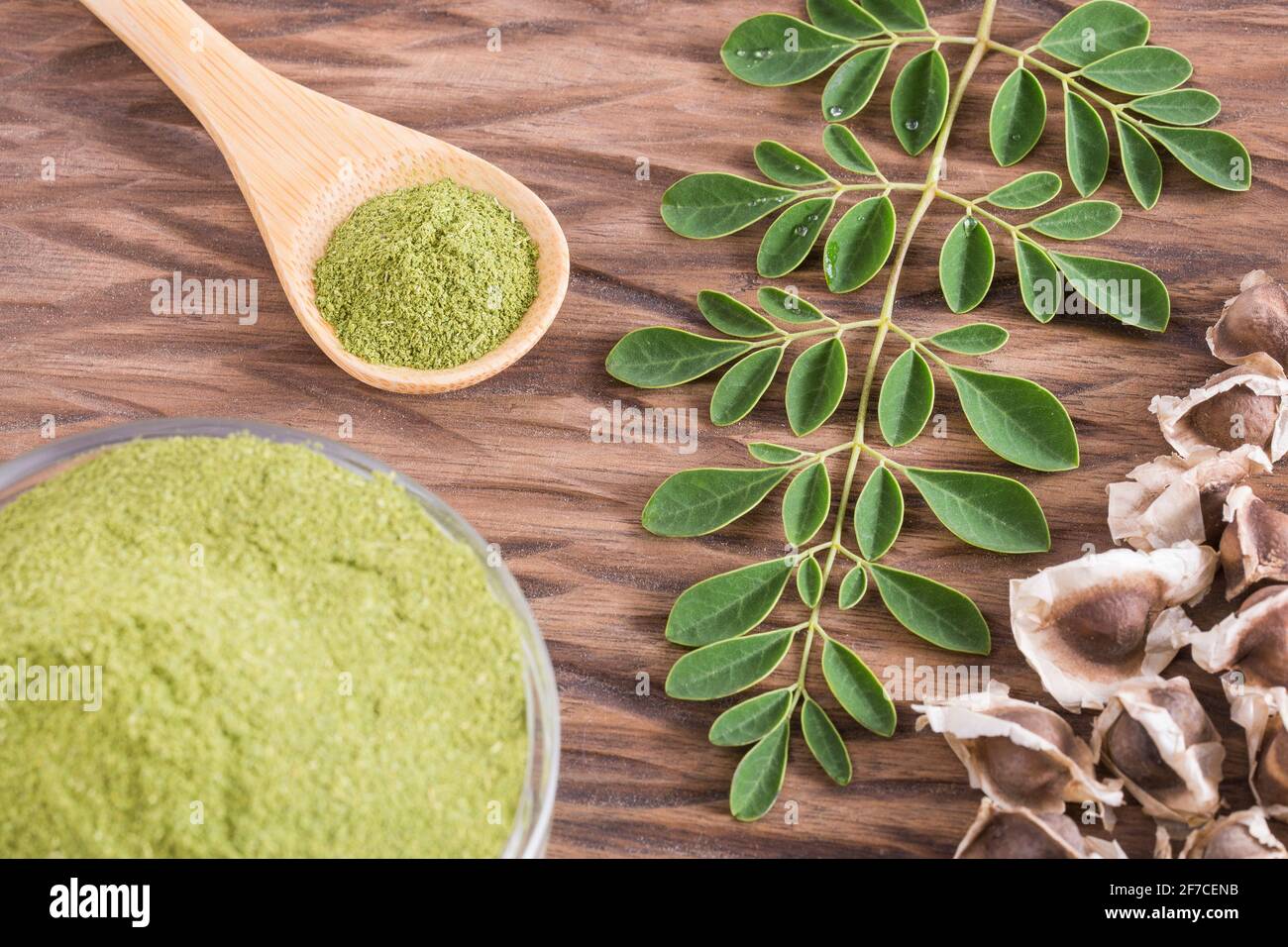 Seeds, leaves and moringa powder - Moringa oleifera. Top view Stock ...