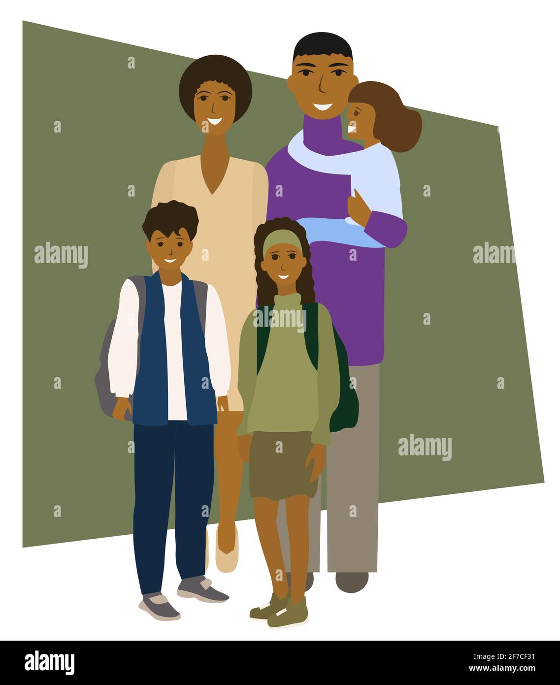 Parents with their three children. Twins and little daughter. Happy family portrait. Isolated ...