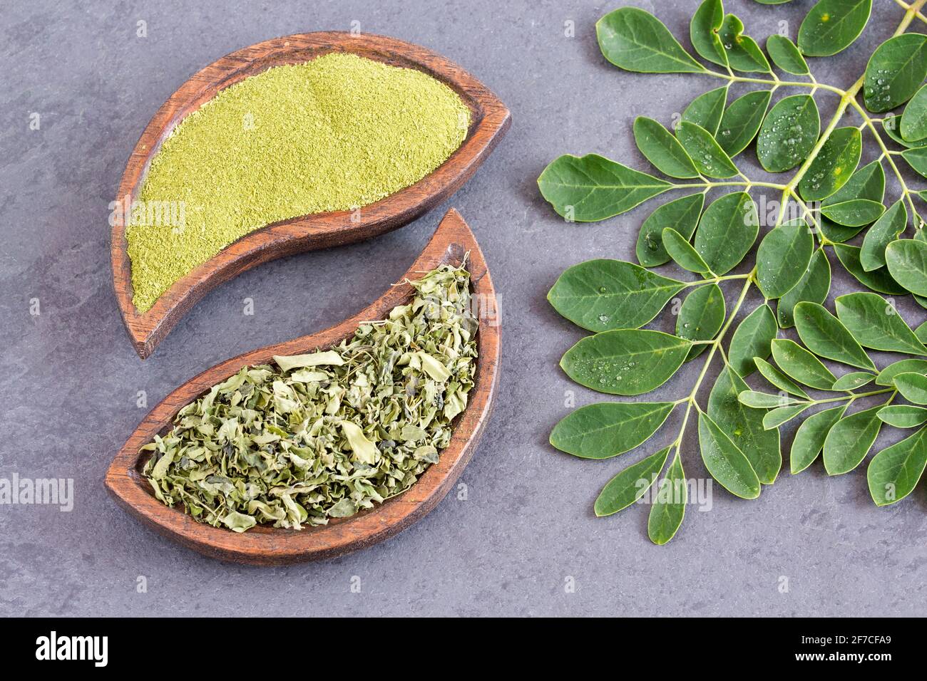 Fresh leaves and moringa powder - Moringa oleifera. Top view Stock ...