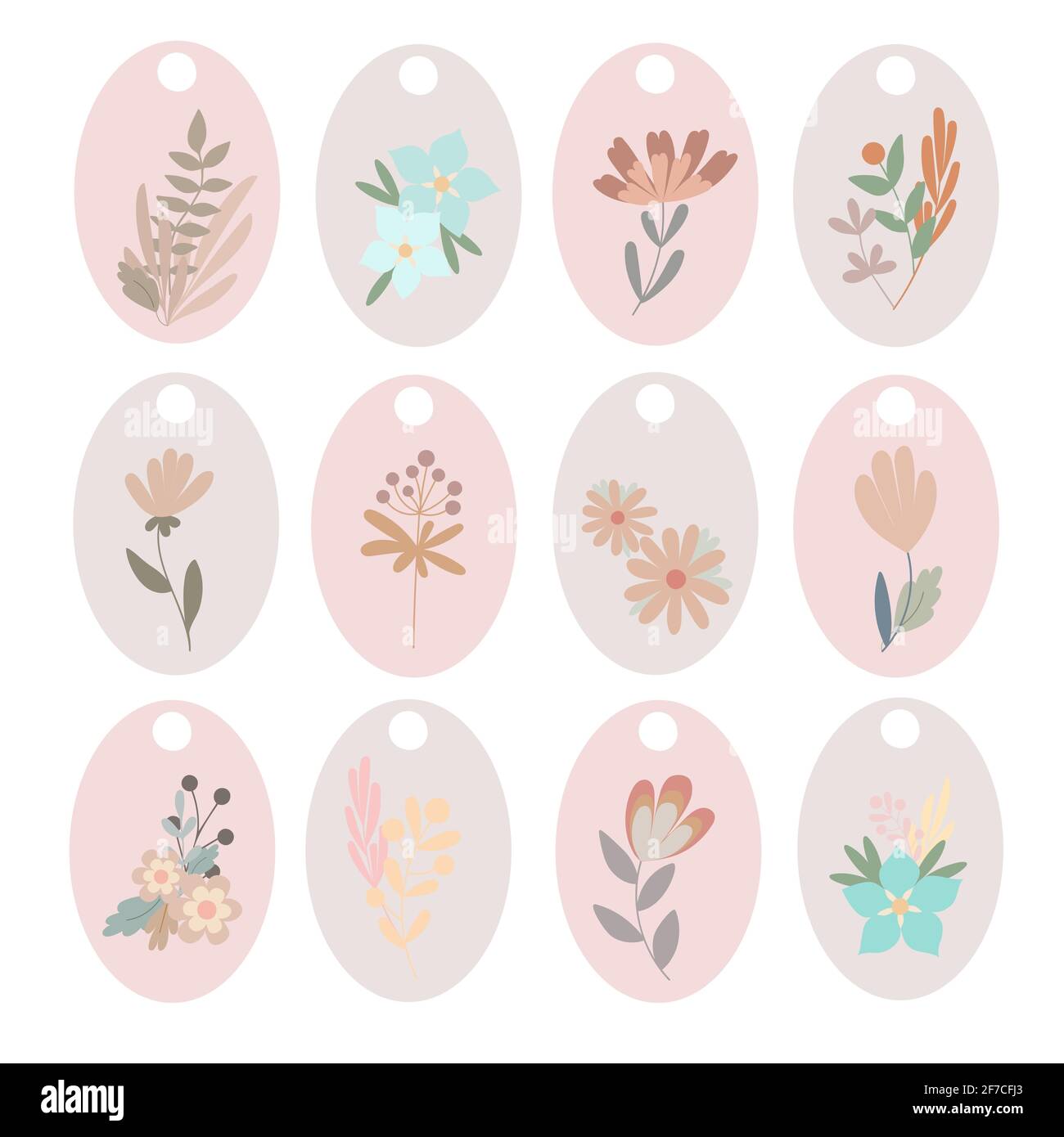 Paste-colored boho simple flowers gift tags labels set, flat style ...