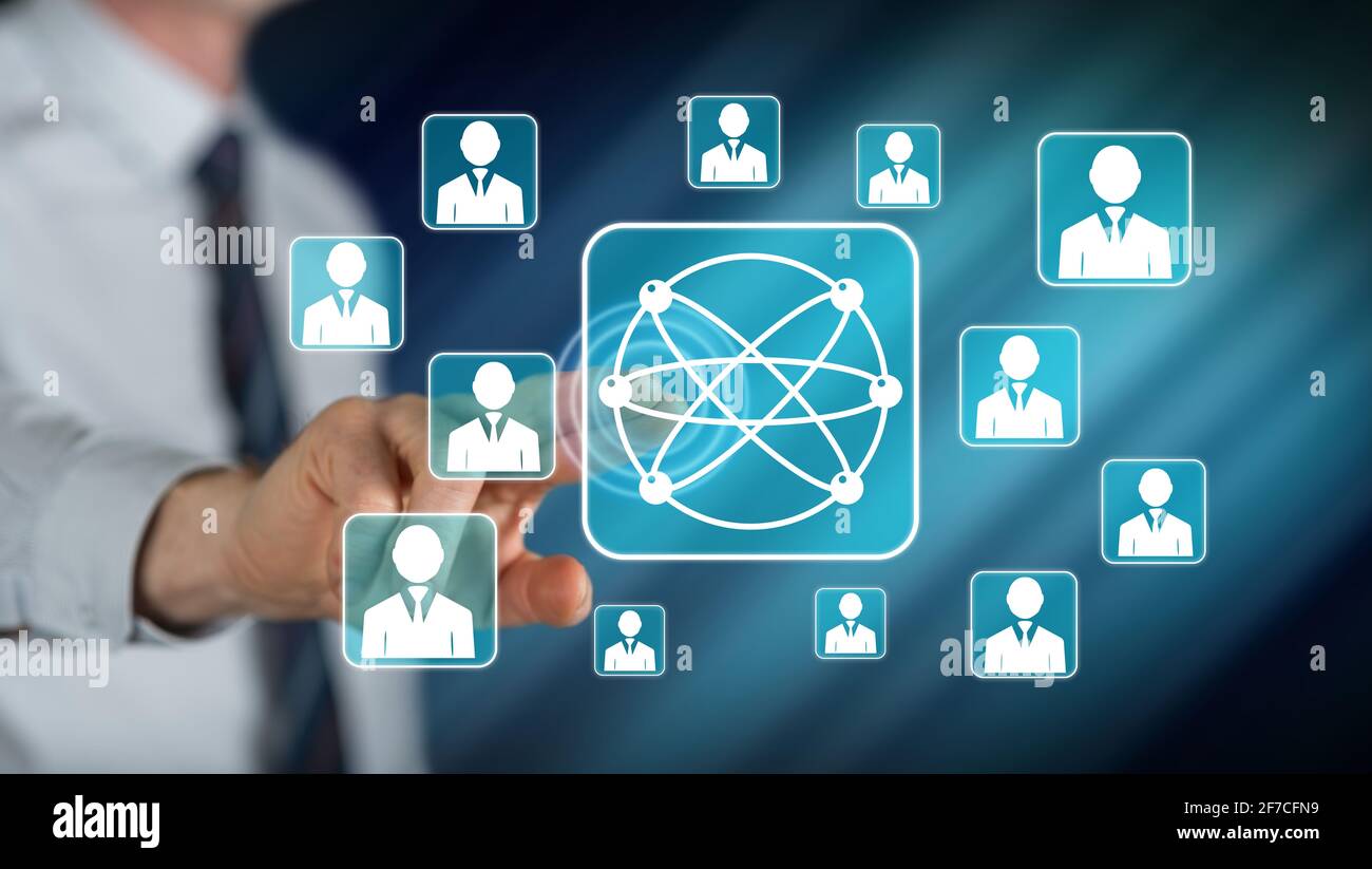 Man touching a social media network concept on a touch screen with his ...