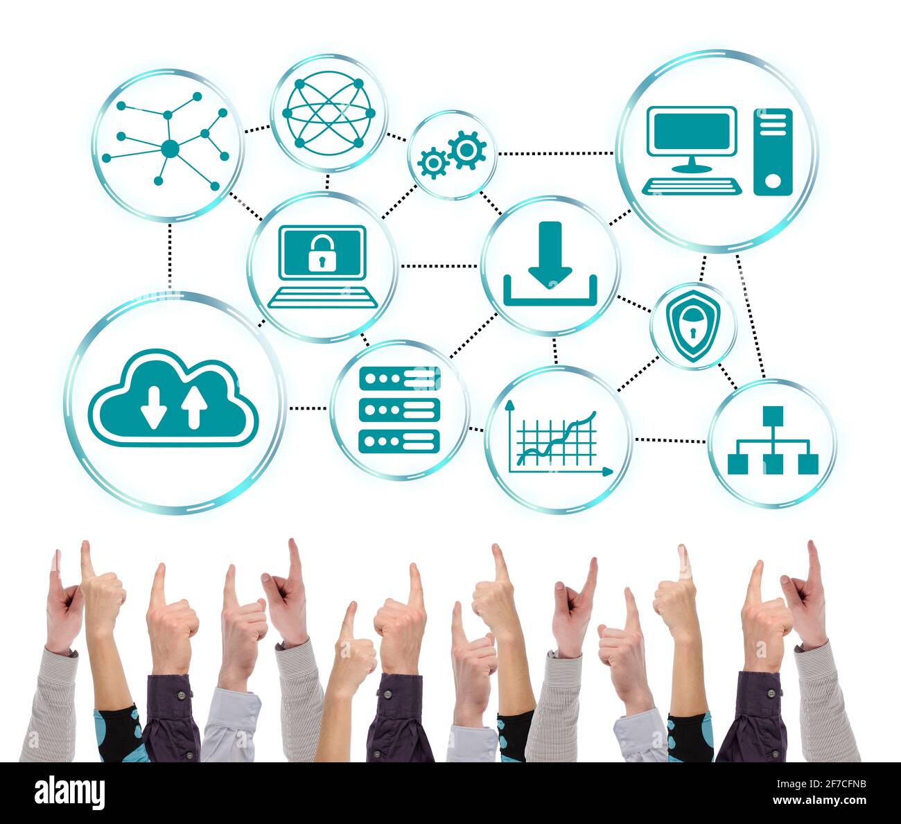 Cloud networking concept on white background pointed by several fingers ...