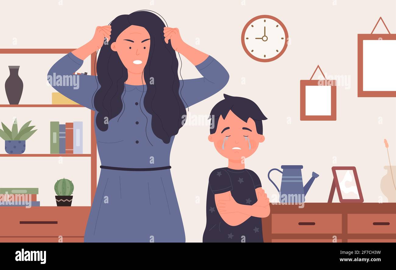 Family abuse, young angry mother screaming at sad crying son child boy ...