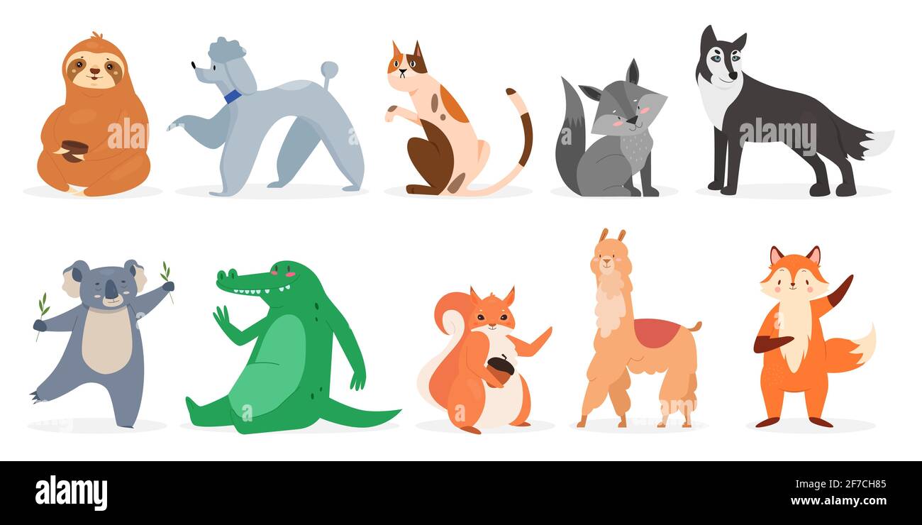 Cute animals, wildlife set, wild funny animal and domestic pet ...