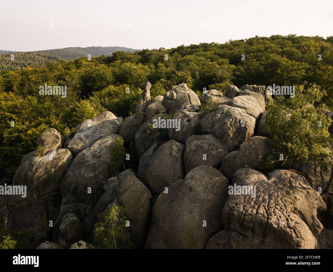 Aerial view to Dovbush Rocks in Bubnyshche at sunrise. Legendary ...