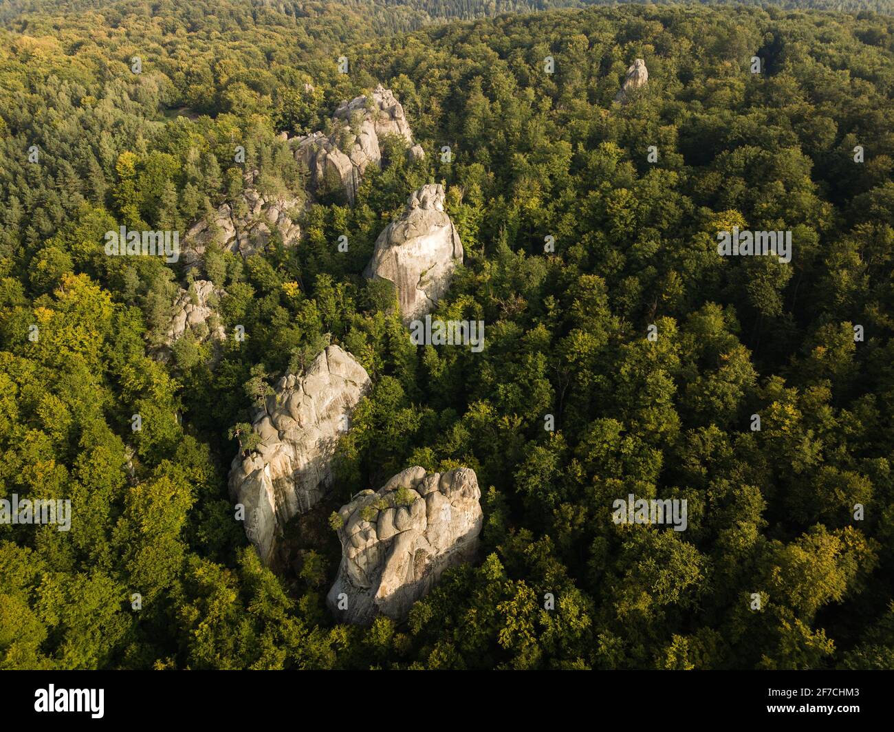 Aerial view to Dovbush Rocks in Bubnyshche at sunrise. Legendary ...