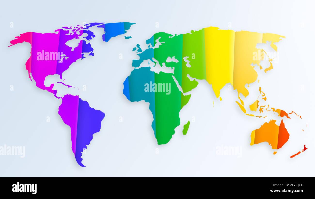 Rainbow colored and striped world map on light gray background. Gay ...