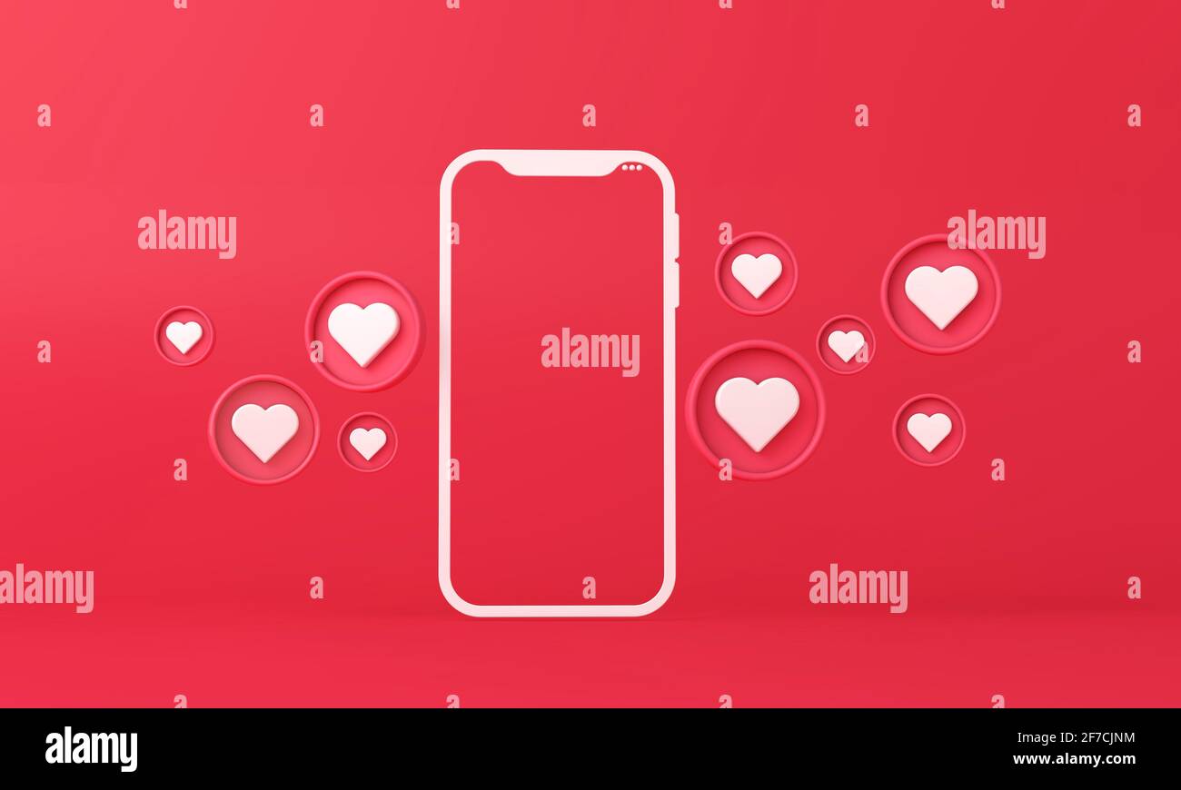 Social media love notification icons flowing from a smartphone. 3D ...