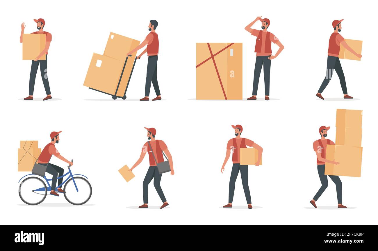 Courier people work in delivery service set, young deliveryman holding ...