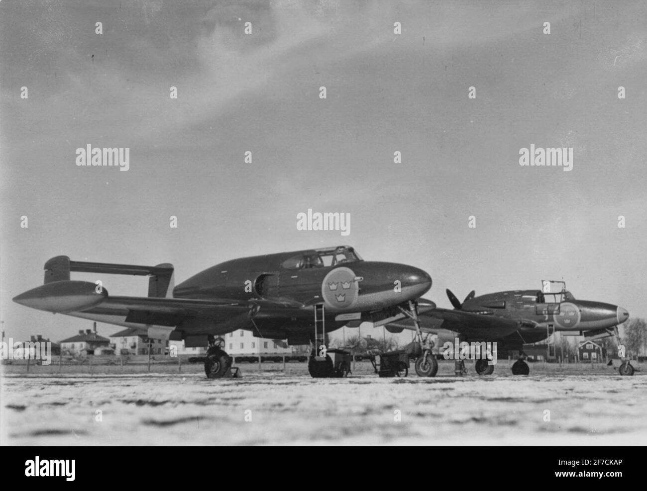 Aircraft J 21A and J 21R at Saab's airfield in Linköping, 1950s. Two ...
