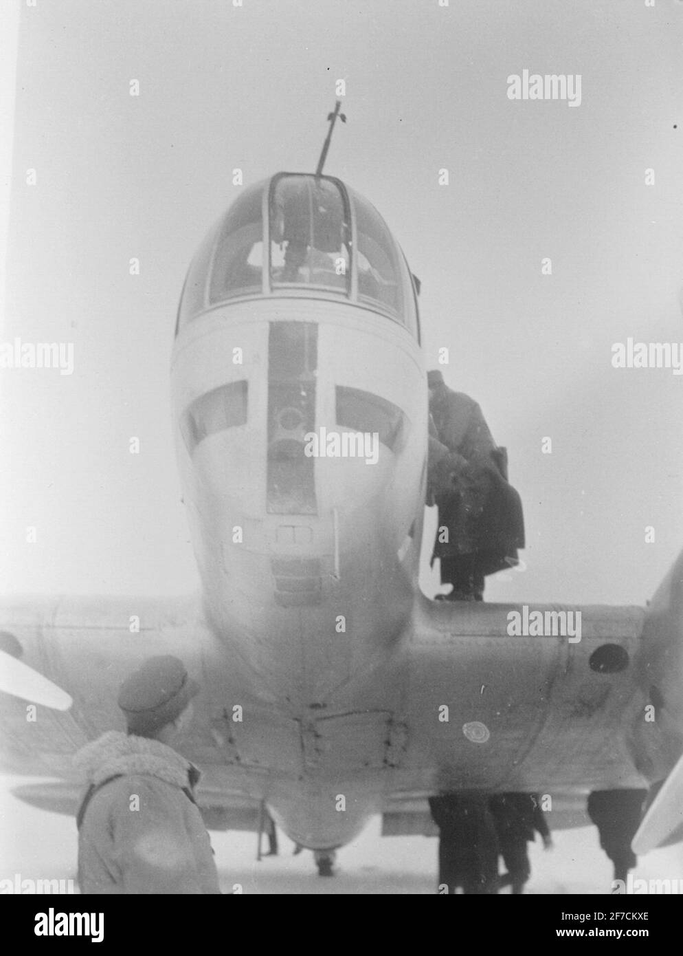 Close-up of nose of Soviet aircraft Ilehin DB-3 on a field during ...