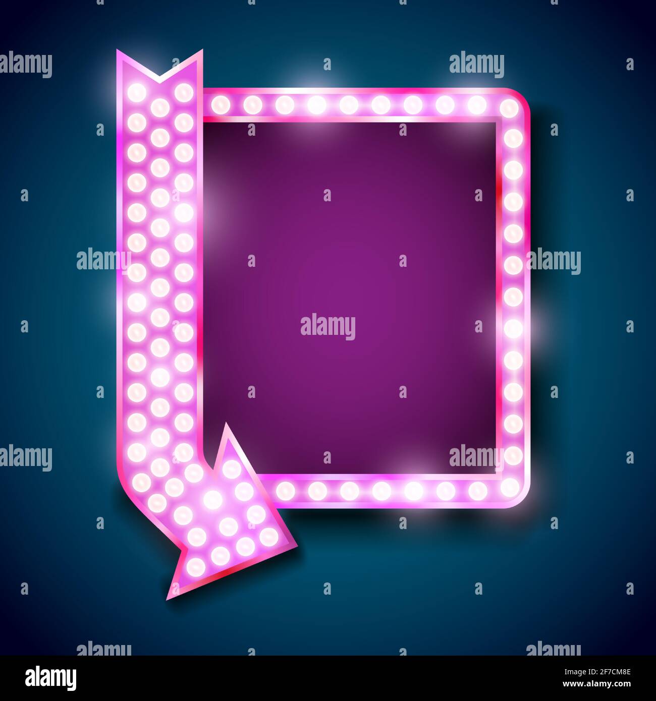 Violet neon colored sign with light bulbs arrow enter position and ...