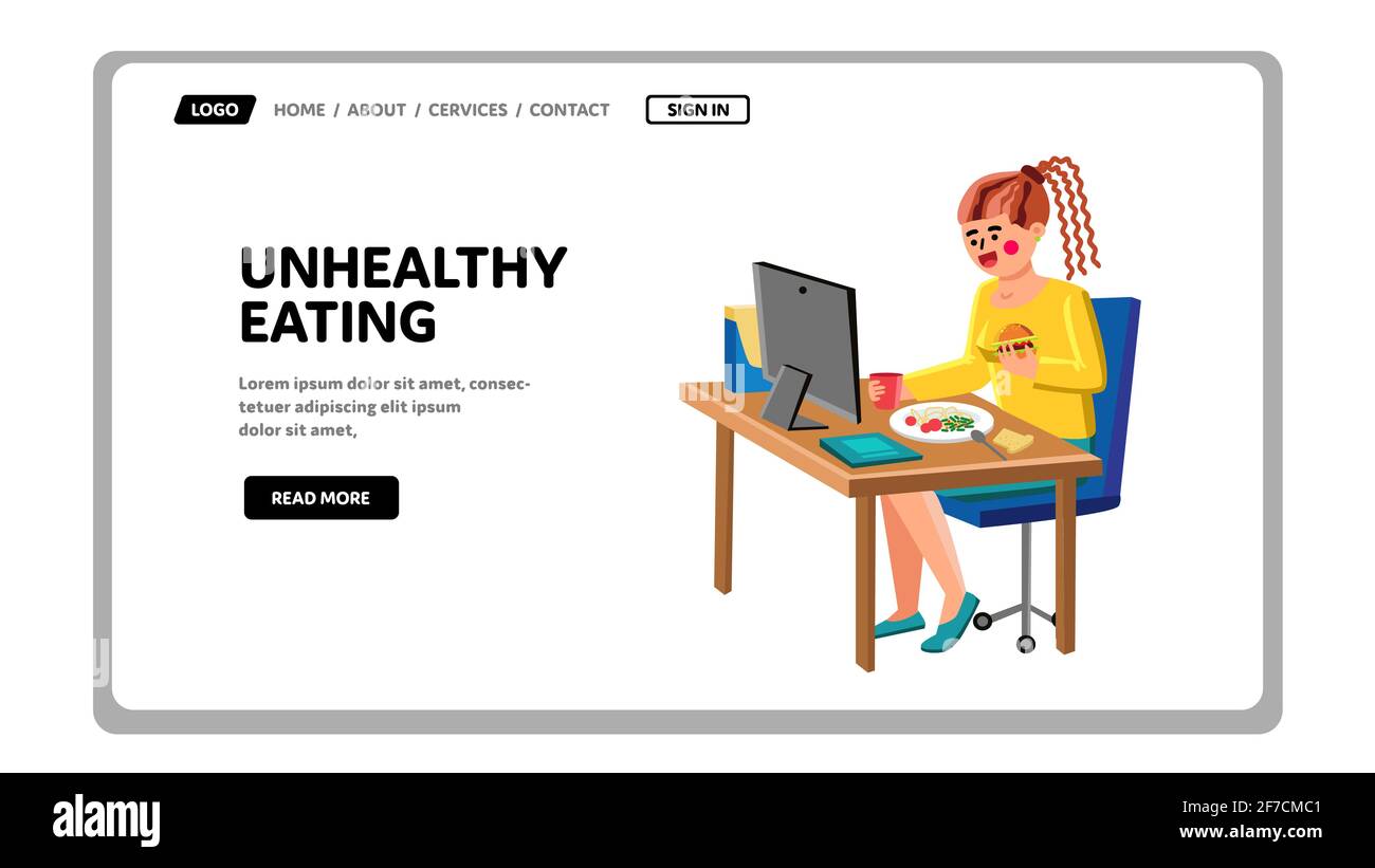 Unhealthy Eating Lunch At Computer Table Vector Stock Vector Image ...