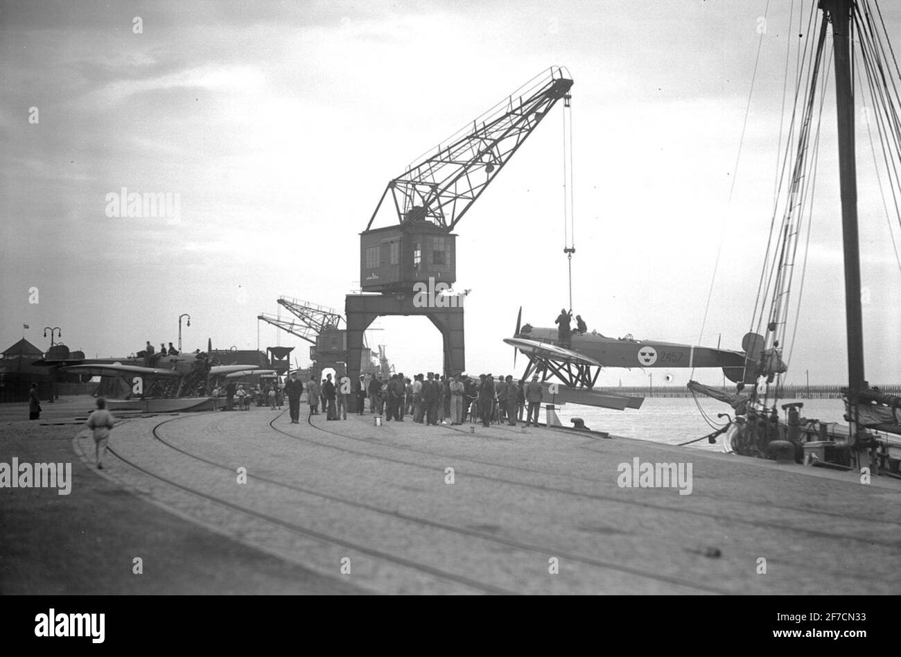 Aircraft S 5 is lifted by lifting crane, Malmö Harbor, 1934 aircraft S ...
