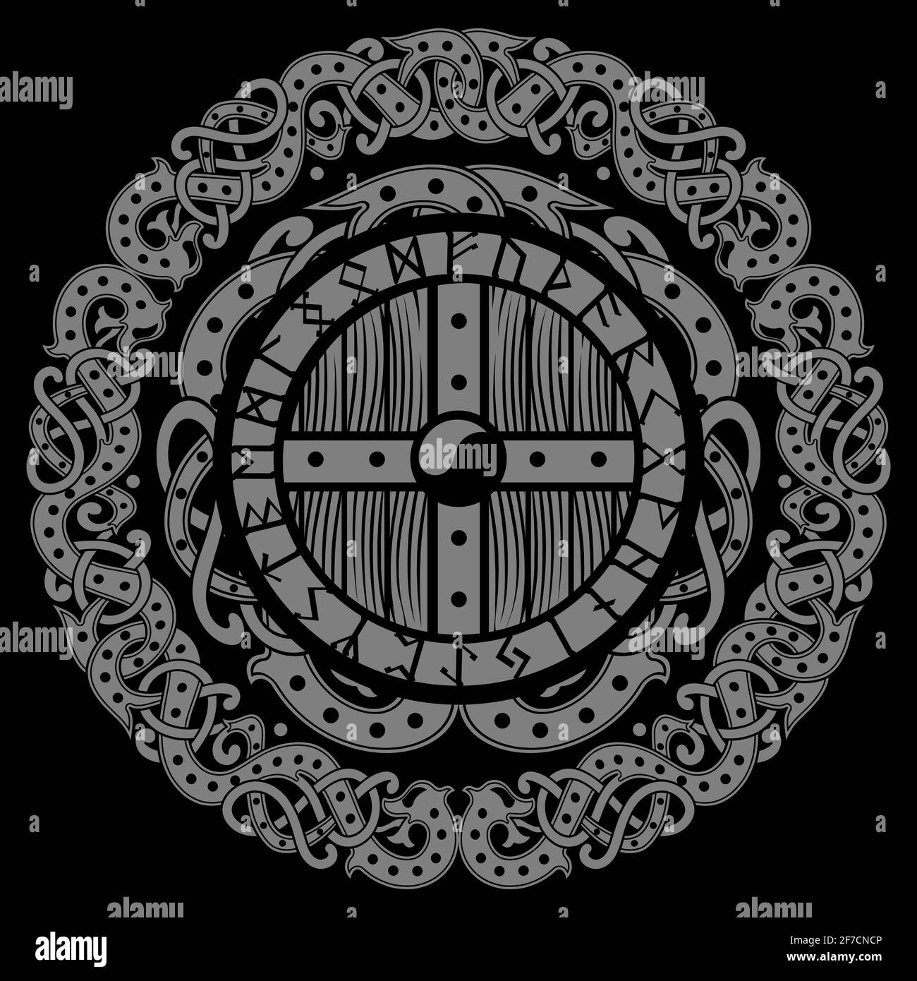 Scandinavian Viking design. Viking shield with northern runes and Old ...