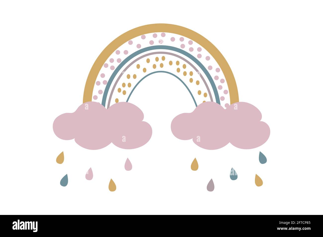 Cute baby boho rainbow with clouds and rain in scandinavian style ...